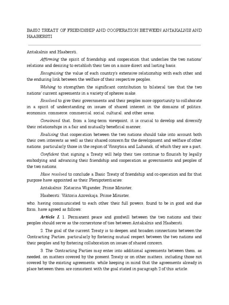 Basic Treaty of Friendship Sample | PDF | Treaty | Ratification