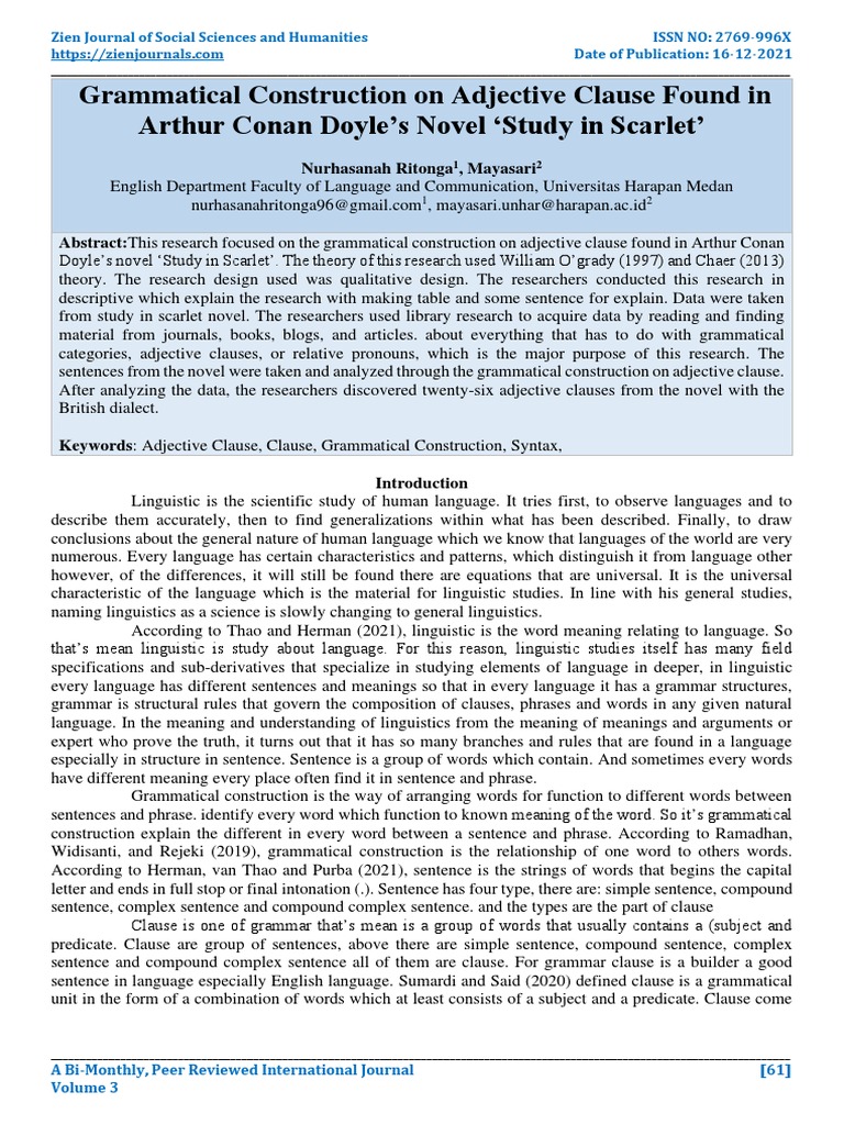 Grammatical Construction On Adjective Clause Found in Arthur Conan ...