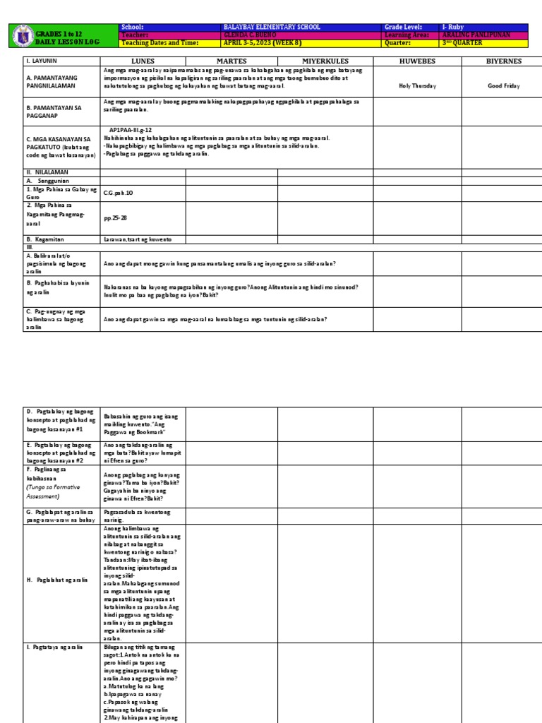 DLL - Araling Panlipunan 1 - Q3 - W8 | PDF