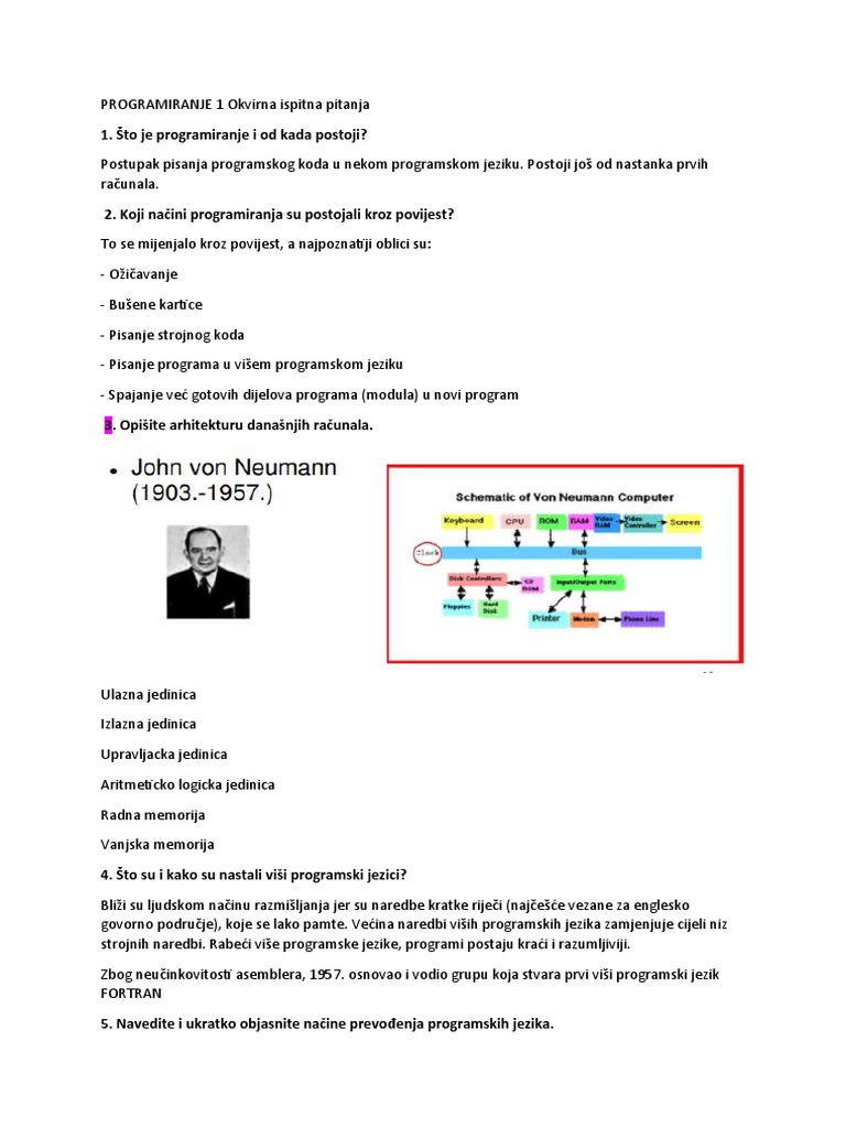 PROGRAMIRANJE 1 Okvirna Ispitna Pitanja | PDF