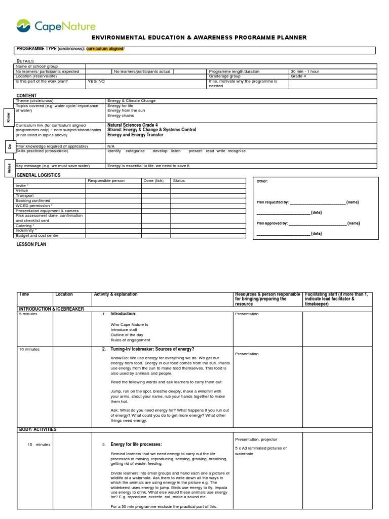 Grade 4 Lesson Plan Energy 1hr Pdf