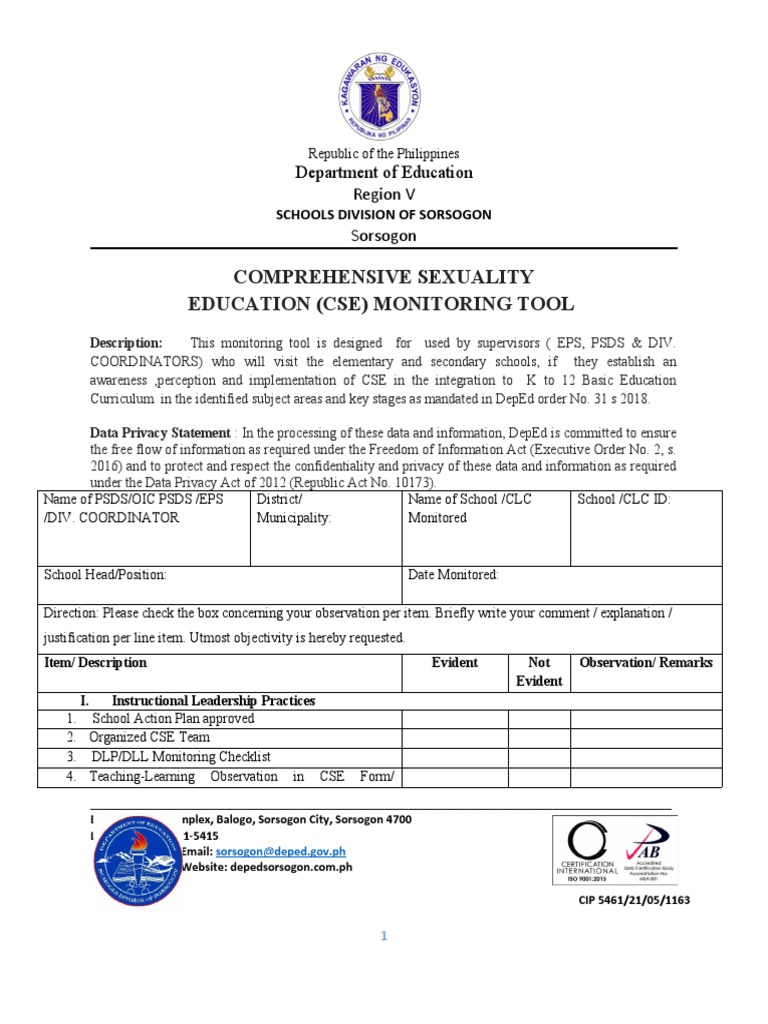Comprehensive Sexuality Education (Cse) Monitoring Tool: Department of Education Region V ...
