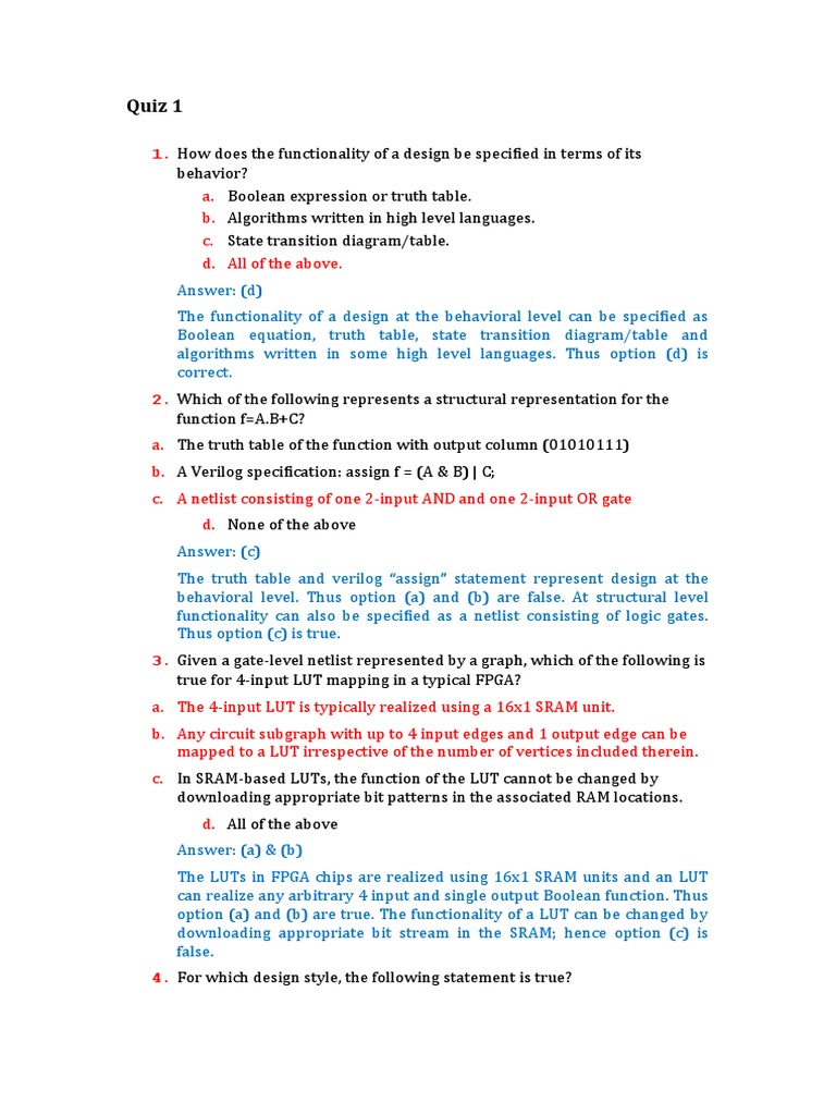 Quiz 1 on Digital Design Fundamentals | PDF | Field Programmable Gate ...
