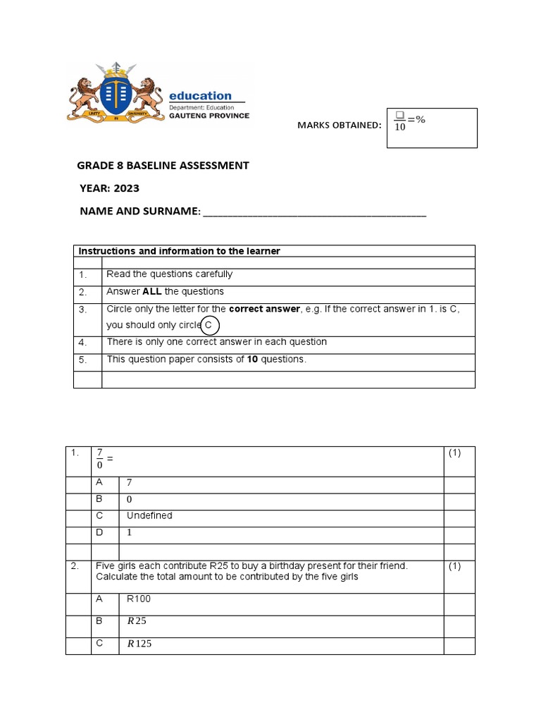 Grade 8 Baseline Assessment: A Ten Question Multiple Choice Test ...