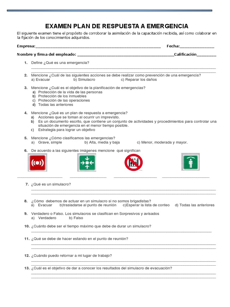 Examen Plan de Respuesta A Emergencia | PDF