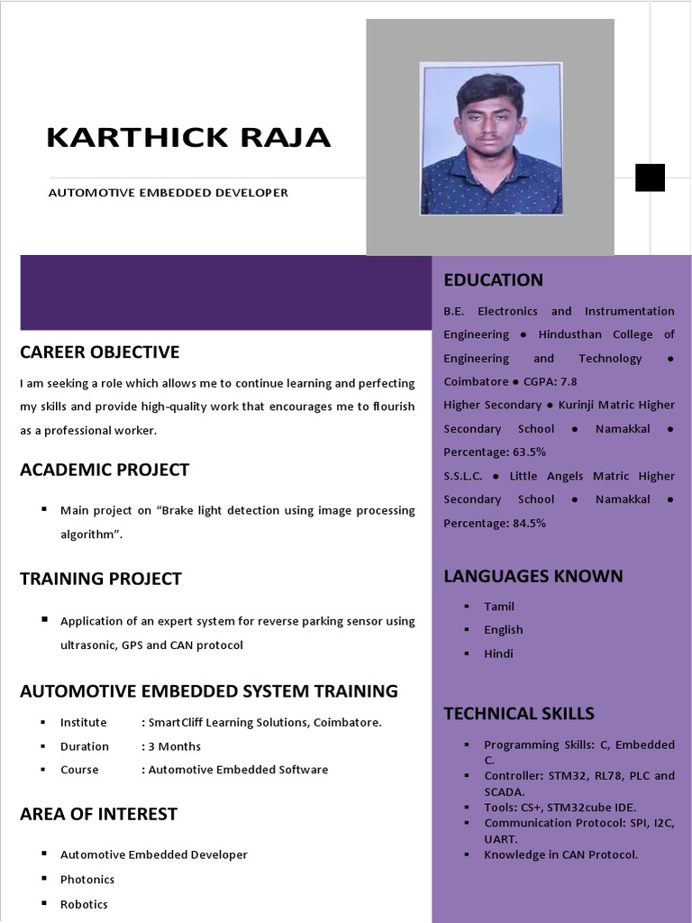 Resume of Karthick Raja highlighting his education, skills, projects and experience as an ...
