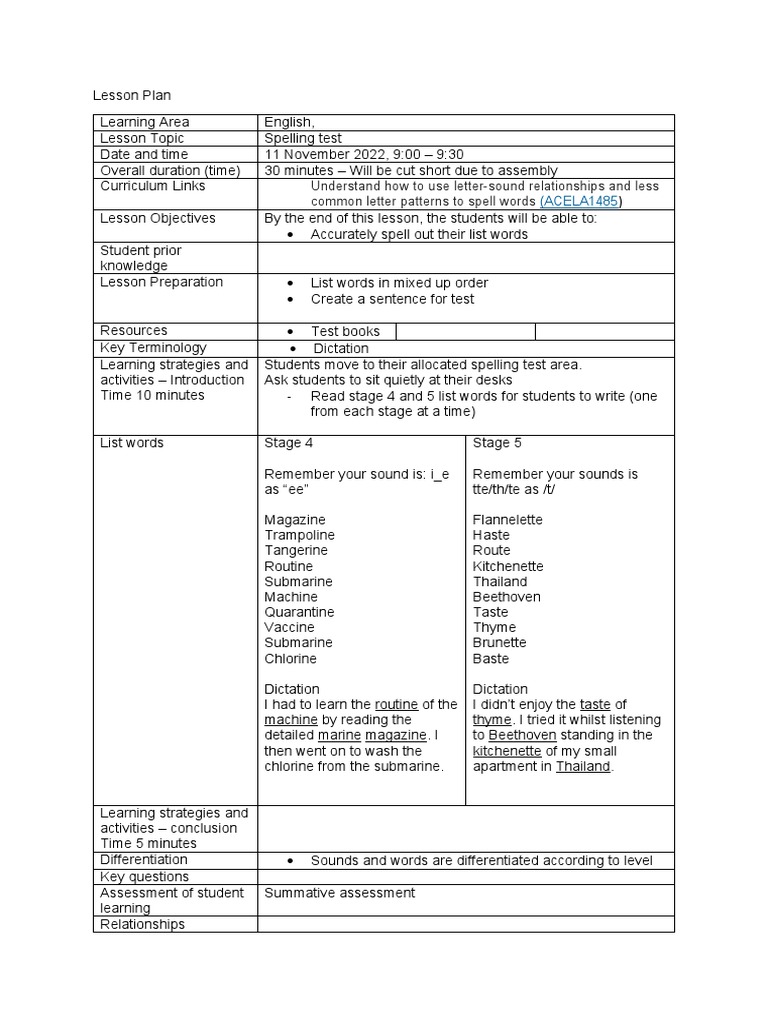 Spelling Test Lesson Plan for English | PDF