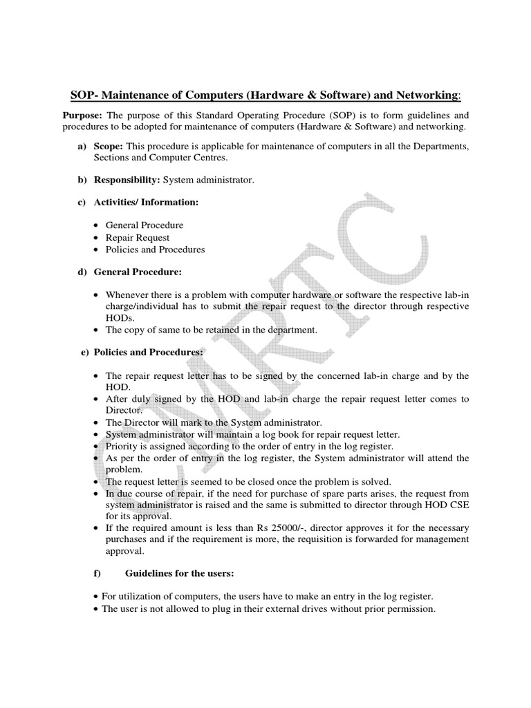 SOP-Maintenance of Computers (Hardware & Software) and Networking | PDF ...