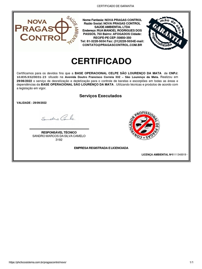 Certificado de desratização e dedetização emitido pela Nova Pragas ...