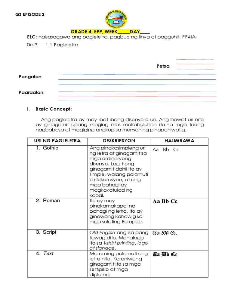 GRADE 4, EPP, WEEK - DAY - ELC: Naisasagawa Ang Pagleletra, Pagbuo NG Linya at Pagguhit. PP4IA | PDF