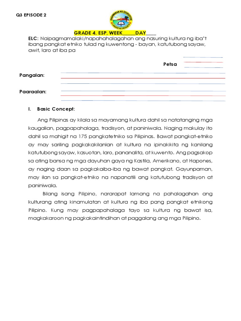 GRADE 4, ESP, WEEK - DAY - ELC: Naipagmamalaki/napahahalagahan Ang Nasuring Kultura NG Iba't | PDF
