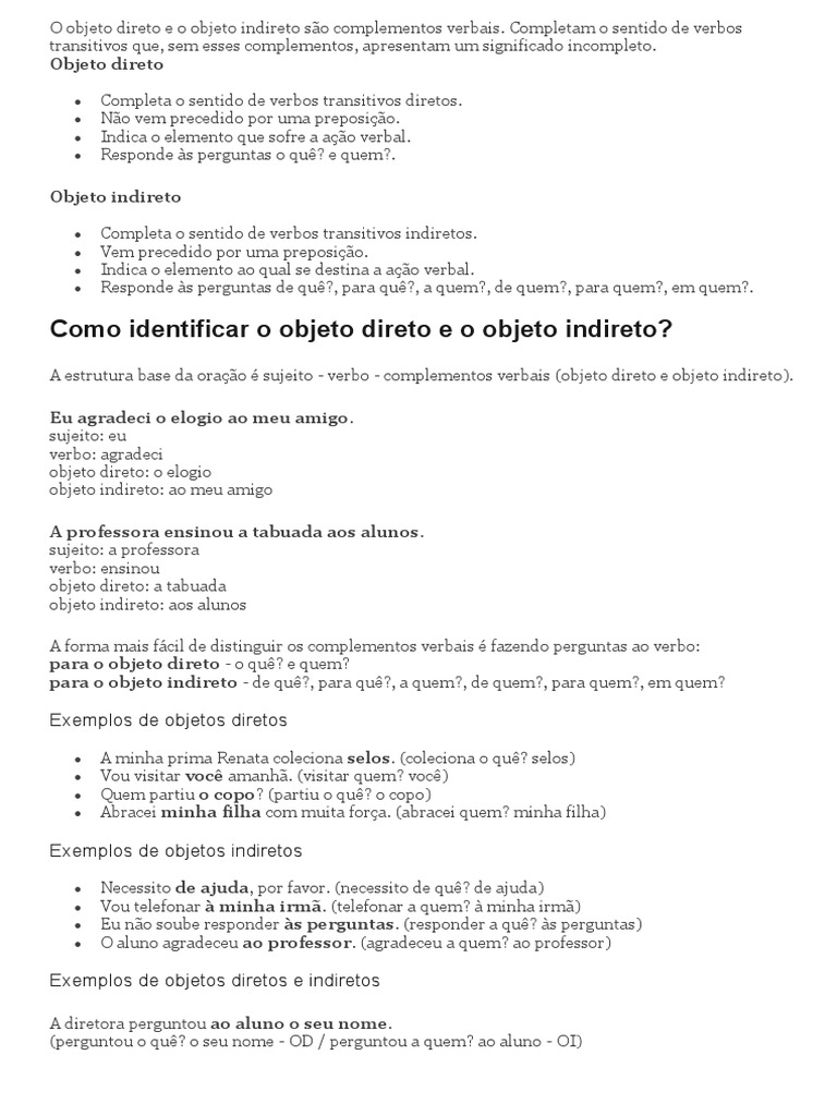 O Objeto Direto e o Objeto Indireto São Complementos Verbais | PDF ...