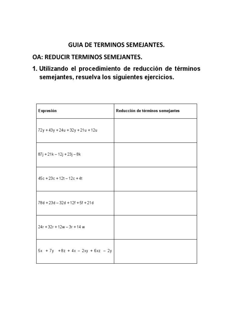 Guia de Terminos Semejantes. Oa: Reducir Terminos Semejantes | PDF
