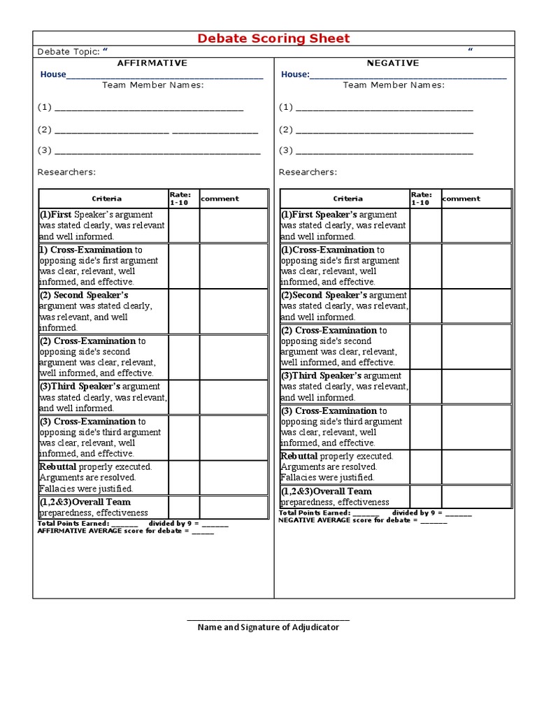 Debate Scoring Sheet: Affirmative Negative | PDF