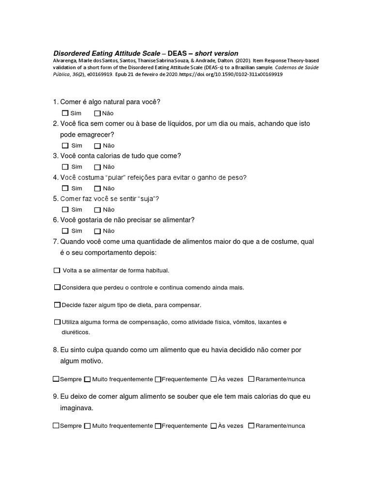 Validação de uma versão reduzida da Escala de Atitudes Alimentares ...