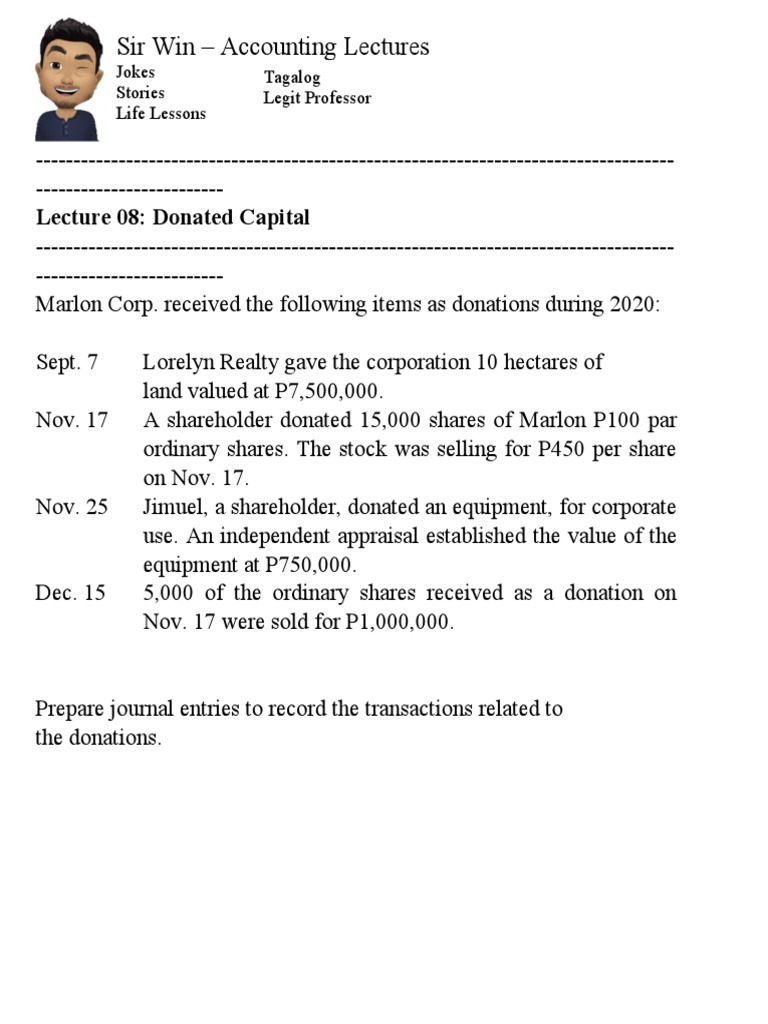 Journal Entries for Donated Capital | PDF | Finance & Money Management