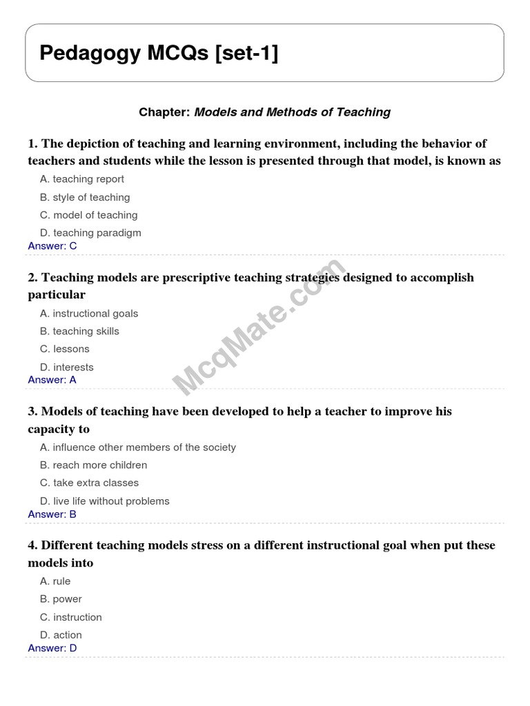 Pedagogy (Chapter - Models and Methods of Teaching) Solved MCQs (Set-1) | PDF | Teachers | Learning
