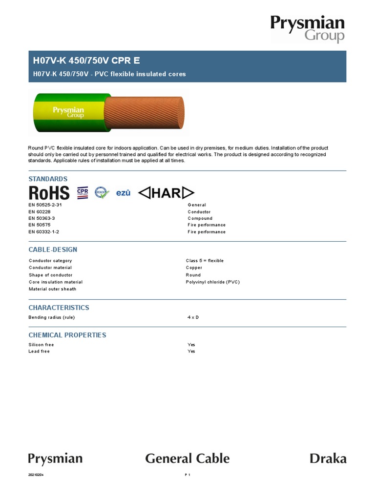 Prysmian Cable Datasheet - EN - H07V-K | PDF | Insulator (Electricity) | Electrical Conductor