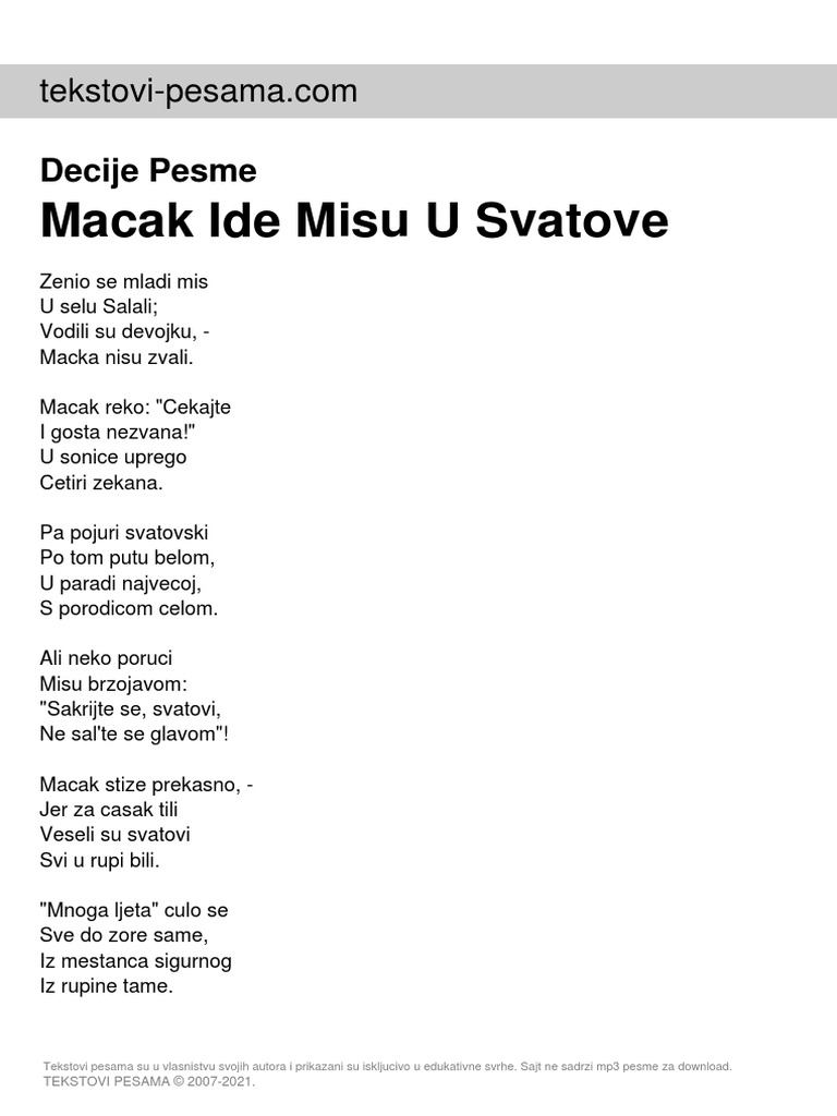 Macak Ide Misu U Svatove: Decije Pesme | PDF