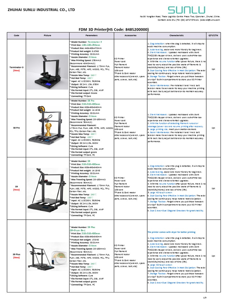 An Overview and Specifications of 3D Printers Offered by Zhuhai Sunlu ...