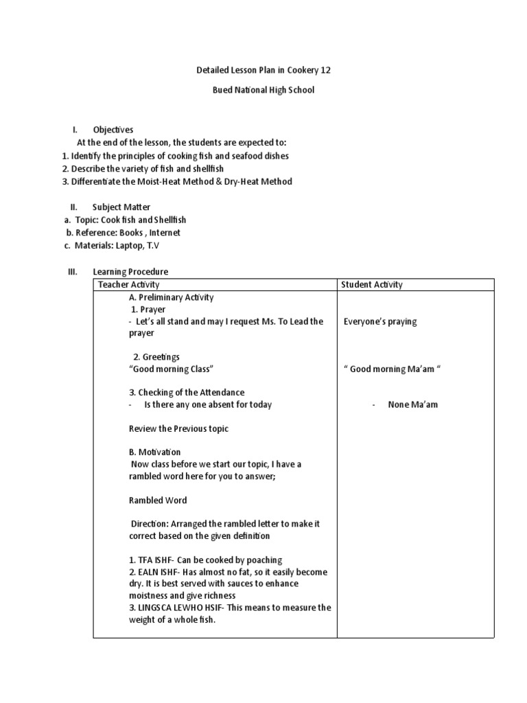Detailed Lesson Plan in Cook Fish and Shellfish | PDF | Grilling ...