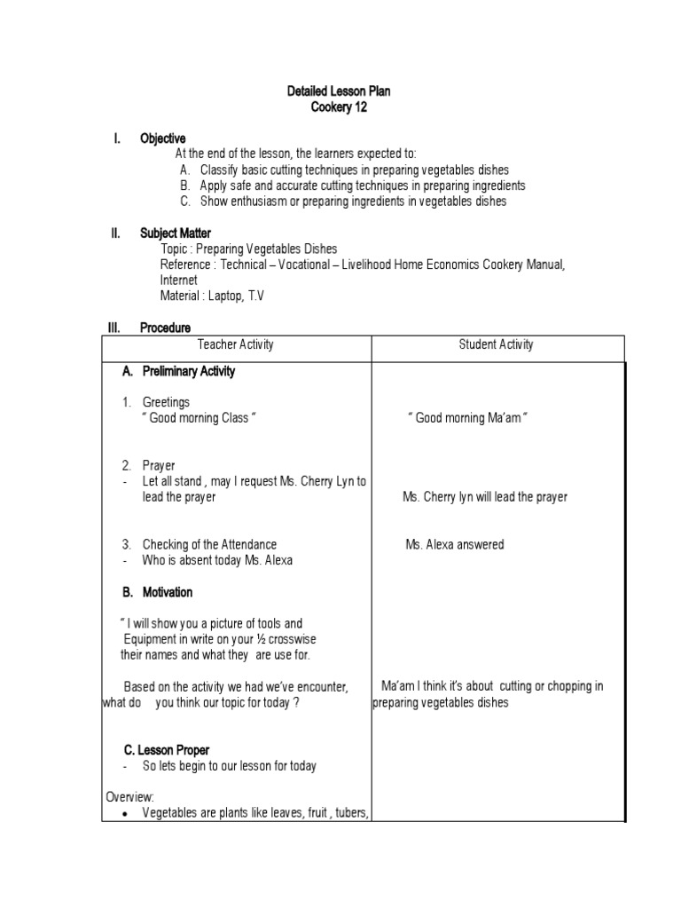 Detailed Lesson Plan in Cookery 12 | PDF | Vegetables | Crops