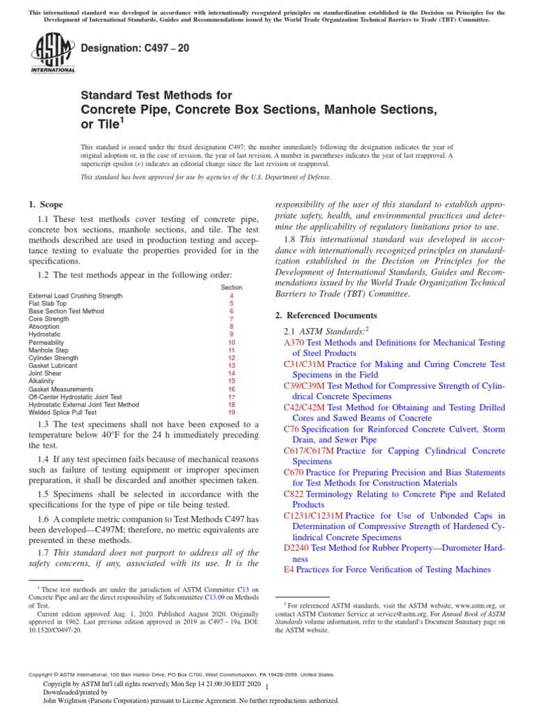 ASTM C497-20 Concrete Pipe, Box Sections and Manholes | PDF | Pipe ...