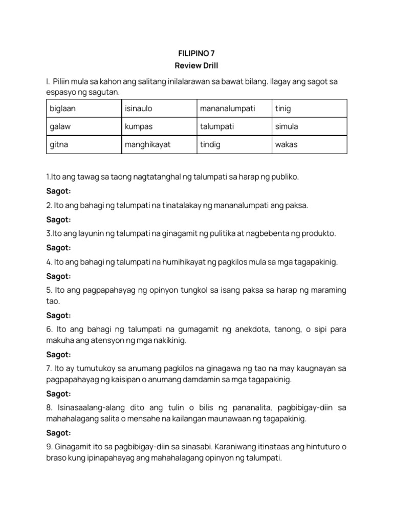 Kevin Chen Filipino Q3 Review Drill | PDF