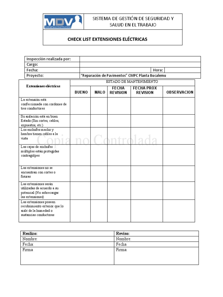 Check list Extensiones Electricas | PDF