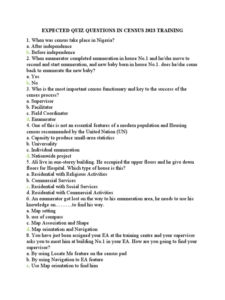Expected Quiz Questions in Census 2023 Training | PDF | Census