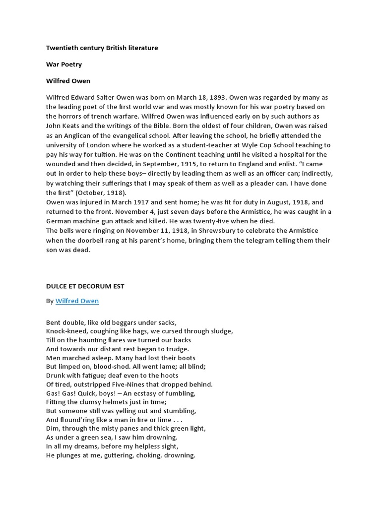 Twentieth Century British Literature War Poetry Wilfred Owen | PDF | Poetry