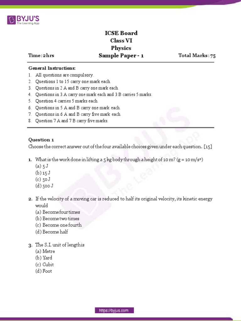 ICSE Class 6 Physics Sample Paper Set 1 | PDF | Force | Friction