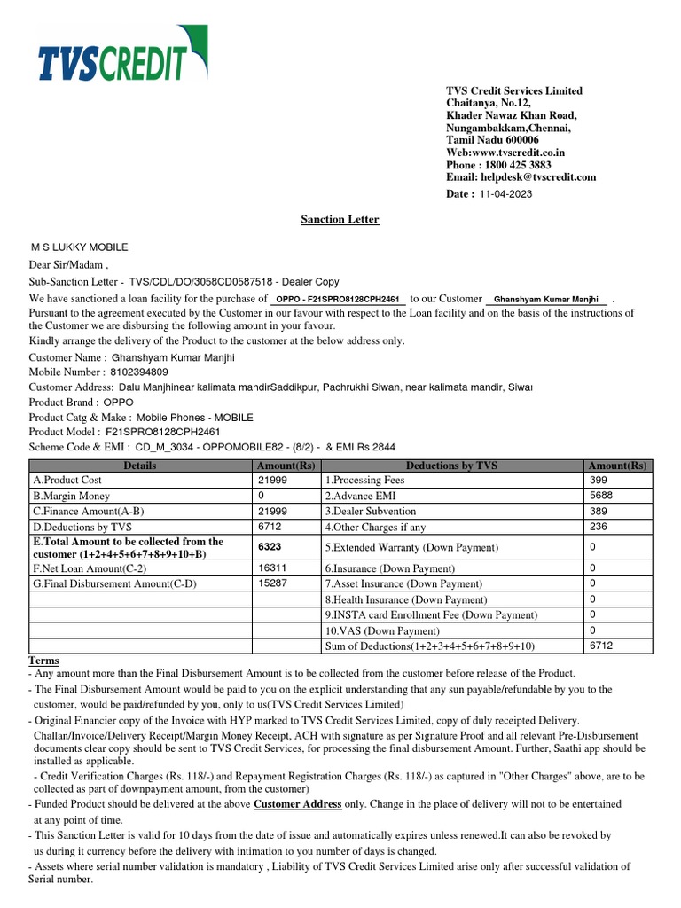 TVS Credit Services Sanction Letter for OPPO Mobile Loan | PDF ...