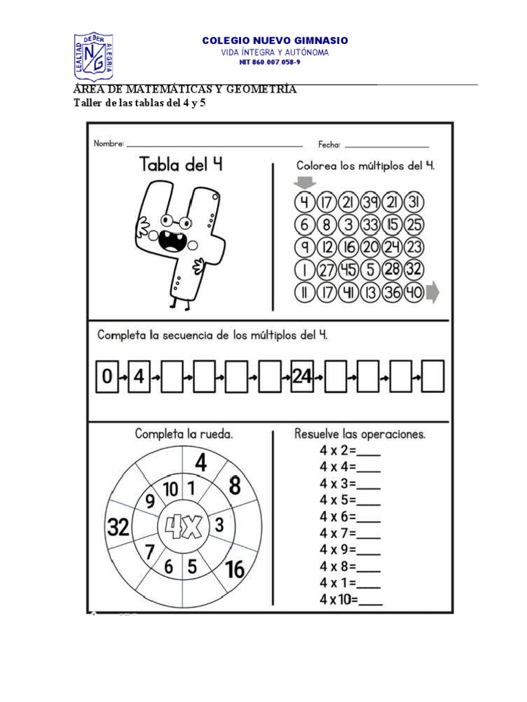 Taller de Refuerzo de Las Tablas de Multiplicar Del 4 y 5 | PDF