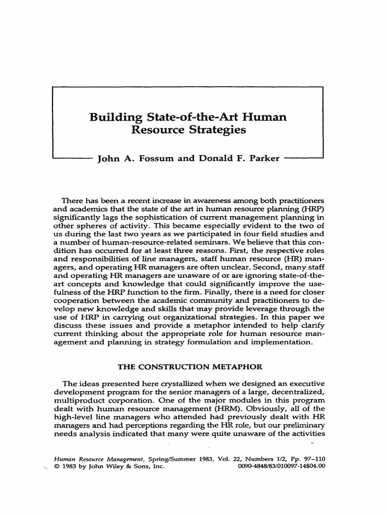 Human Resource Management - Spring Summer 1983 - Fossum - Building ...