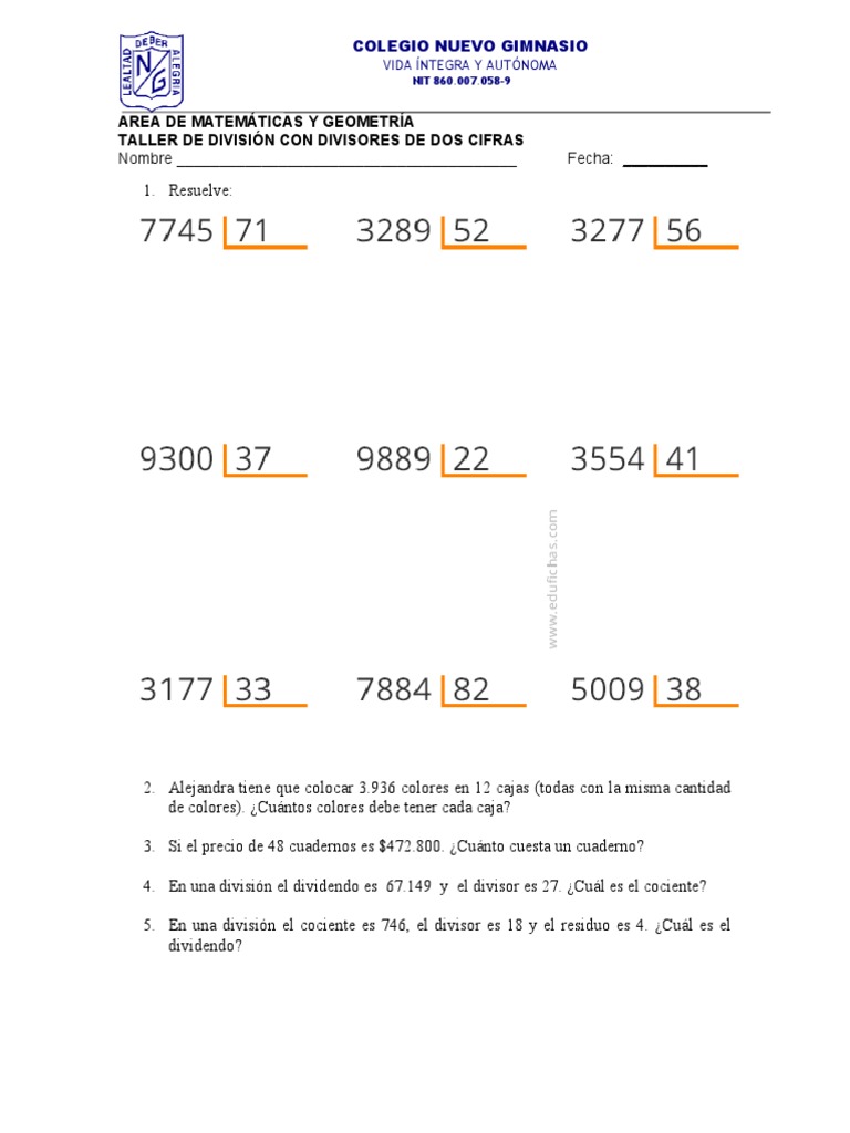 Hojas De Trabajo De División Con Divisores De Dos Dígitos