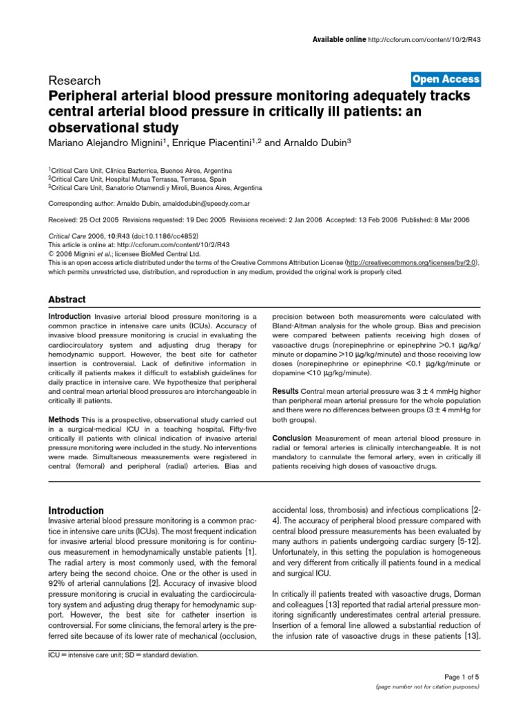 Peripheral Arterial Blood Pressure Monitoring Adequately Tracks Central ...