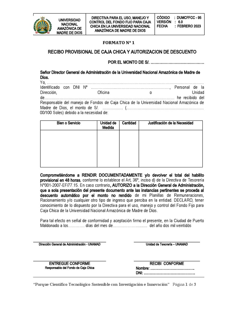 Recibo Provisional de Caja Chica Y Autorizacion de Descuento | PDF