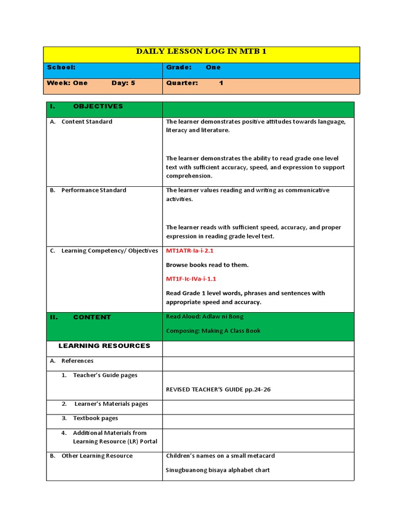 Daily Lesson Log in MTB 1: MT1ATR-Ia-i-2.1 | PDF | Learning | Literacy