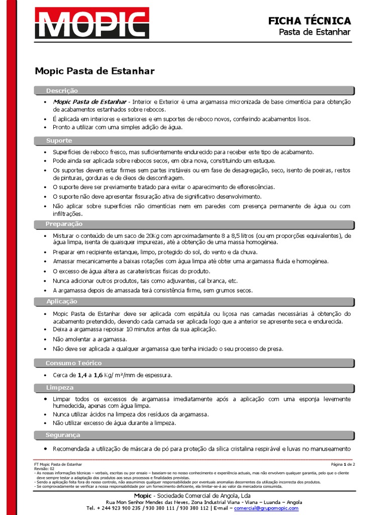 FT - Mopic Pasta de Estanhar 004 | PDF | Argamassa (alvenaria ...