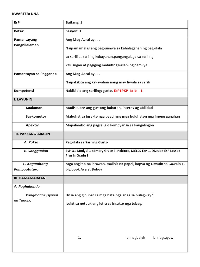 EsP1 - Lesson Plan - Module-1 - Q1 | PDF