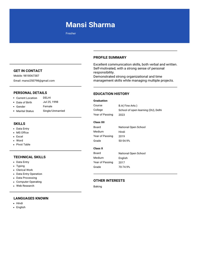 Mansi Sharma: Profile Summary | PDF