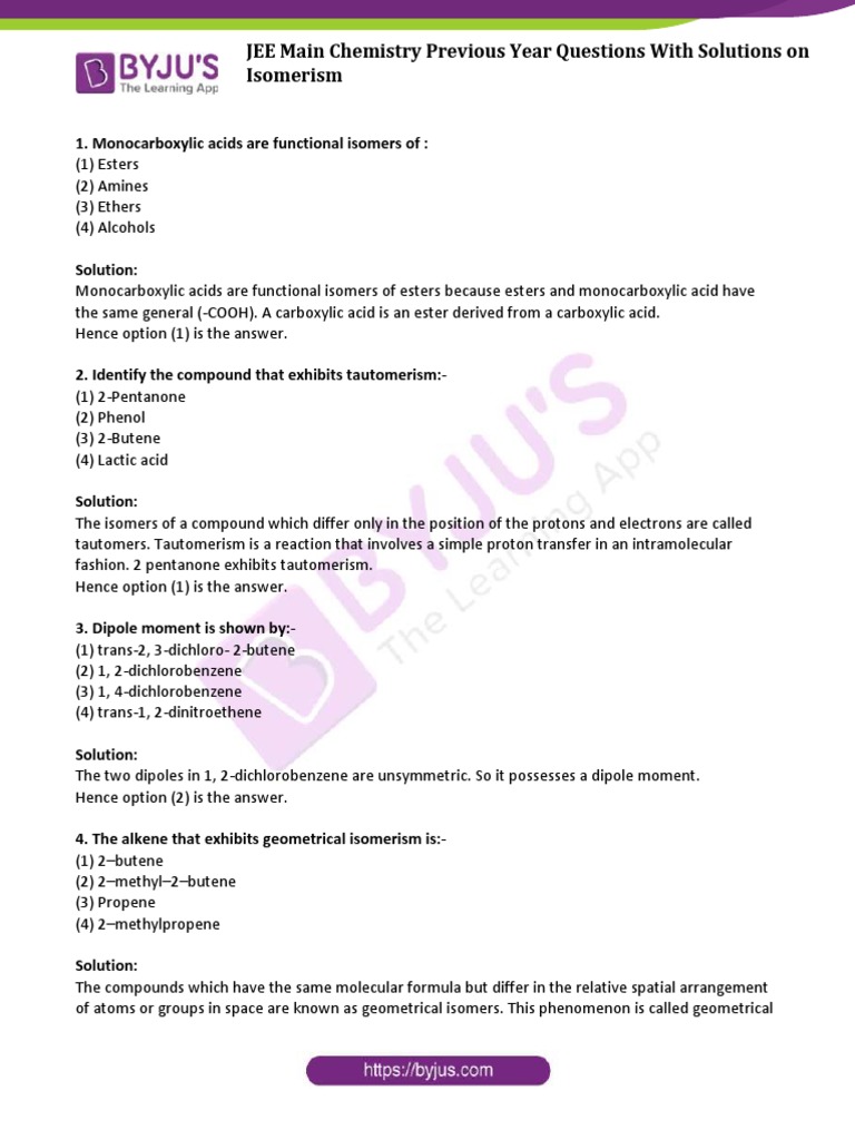 JEE Main Chemistry Previous Year Questions With Solutions On Isomerism ...