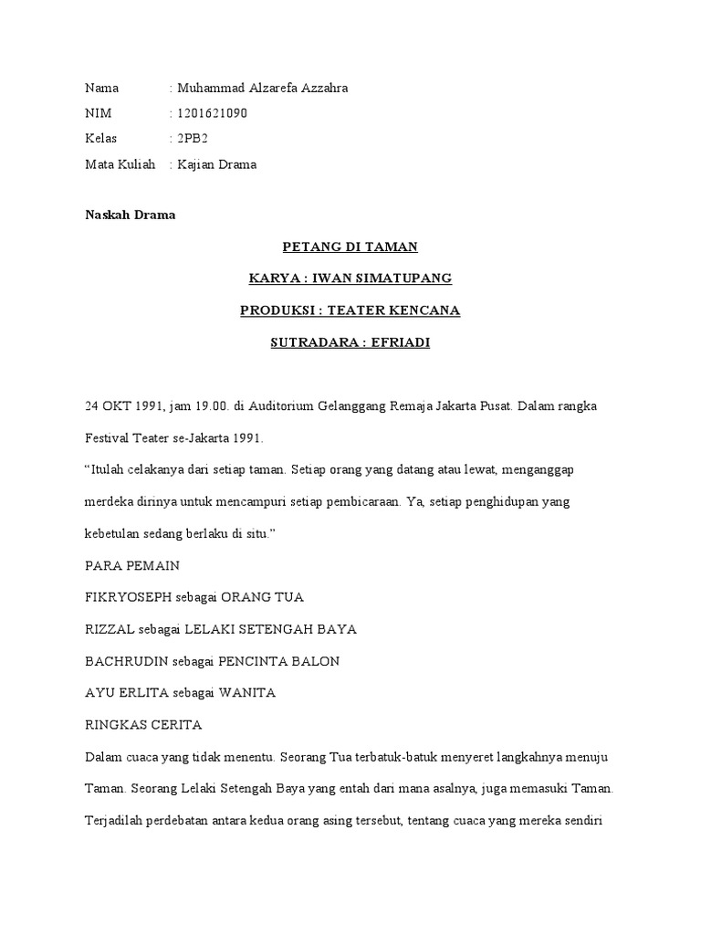 Naskah Drama Petang Di Taman Karya: Iwan Simatupang Produksi: Teater ...