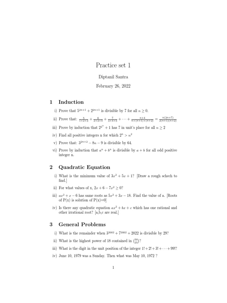 Practice set 1 induction, quadratic equations, and general problems | PDF