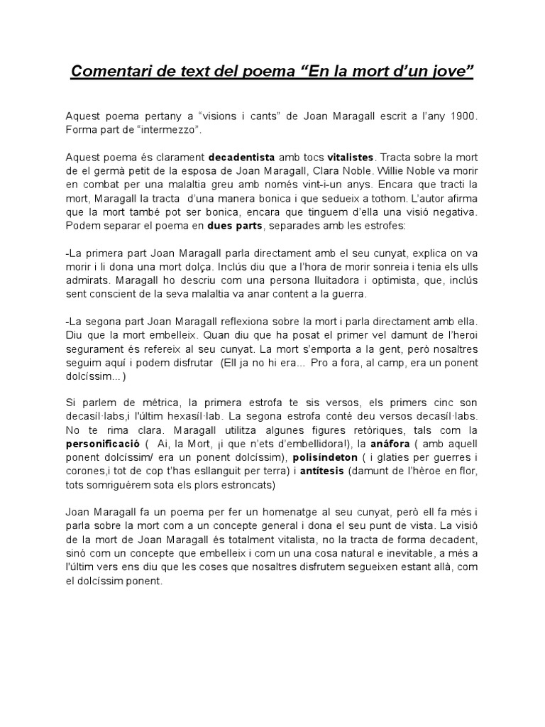 Comentari de Text Del Poema "En La Mort D'un Jove" | PDF