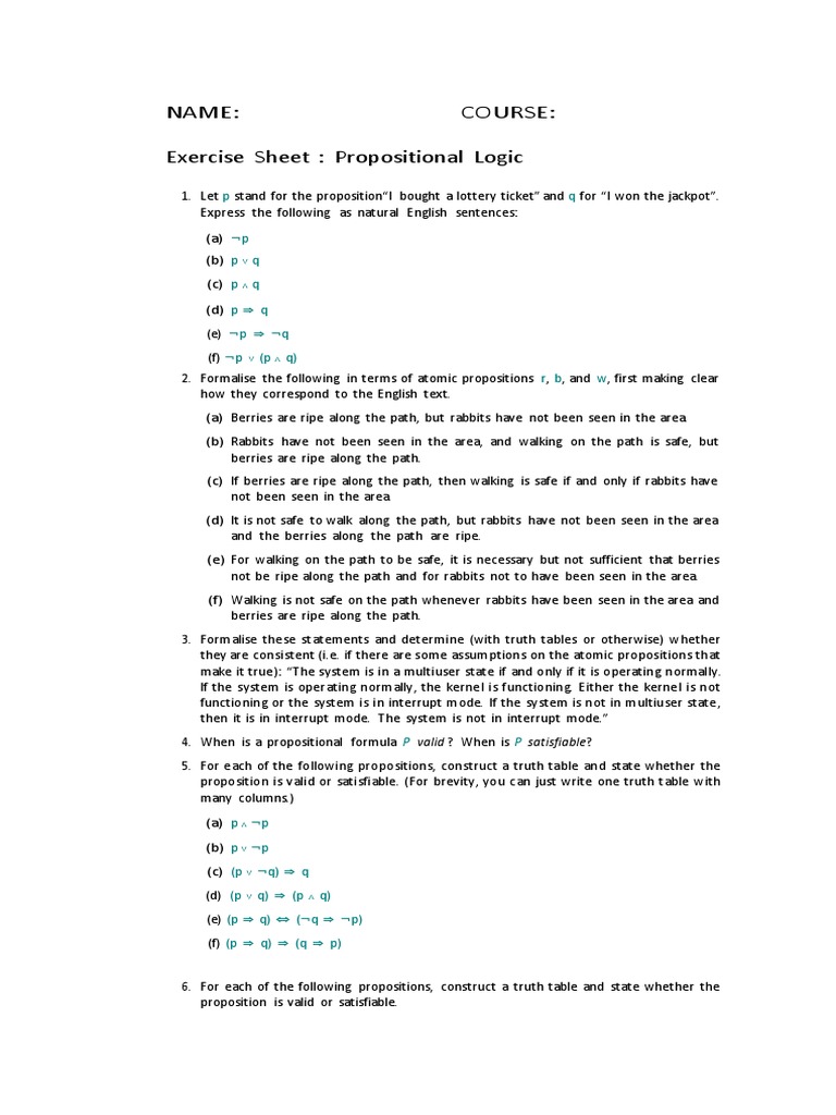 Name: Course: Exercise Sheet: Propositional Logic: P Q P P Q P Q P Q P ...