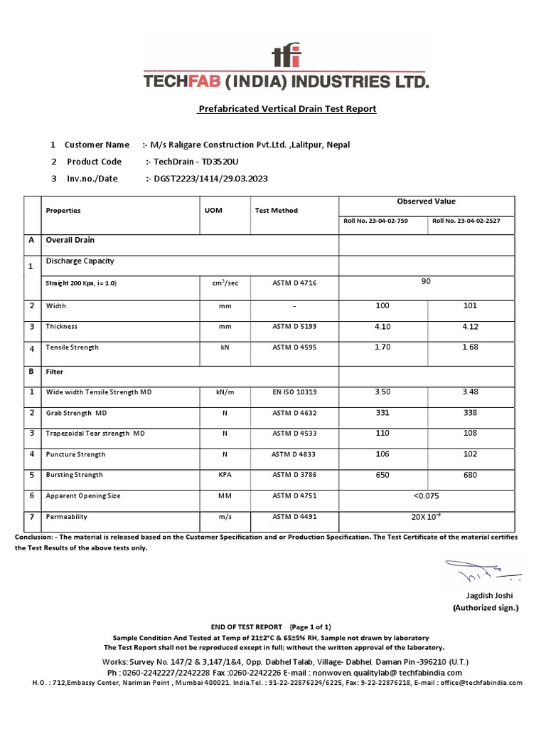 Prefabricated Vertical Drain Test Report | PDF | Civil Engineering ...