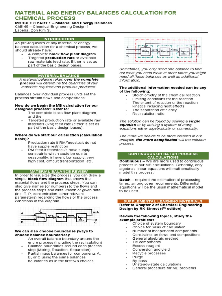 Material and Energy Balances Calculation For Designed Chemical Process ...