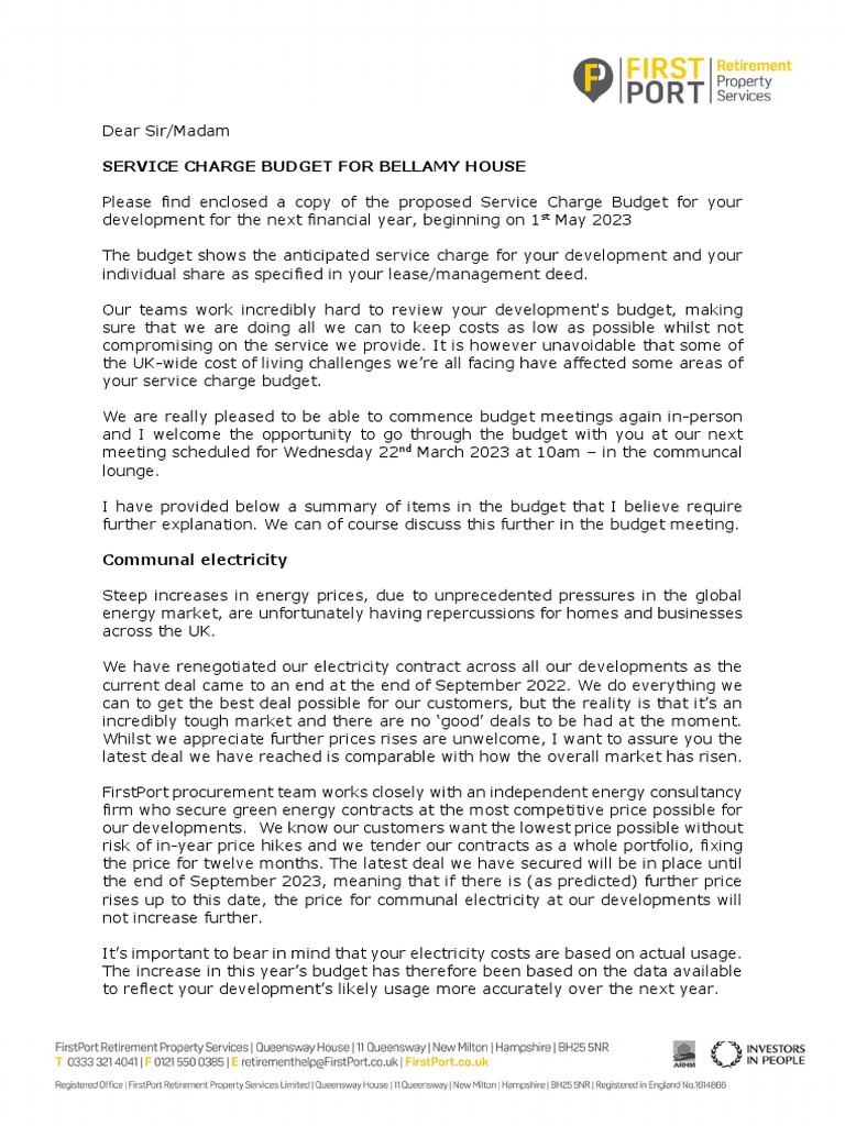 Service Charge Budget For Bellamy House | PDF | Inflation | Insurance
